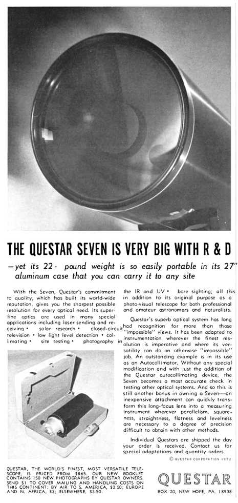 Questar advertisement, Scientific American , September 1973